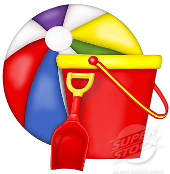 A set of beach toys consisting of beach ball, bucket and trowel ...
